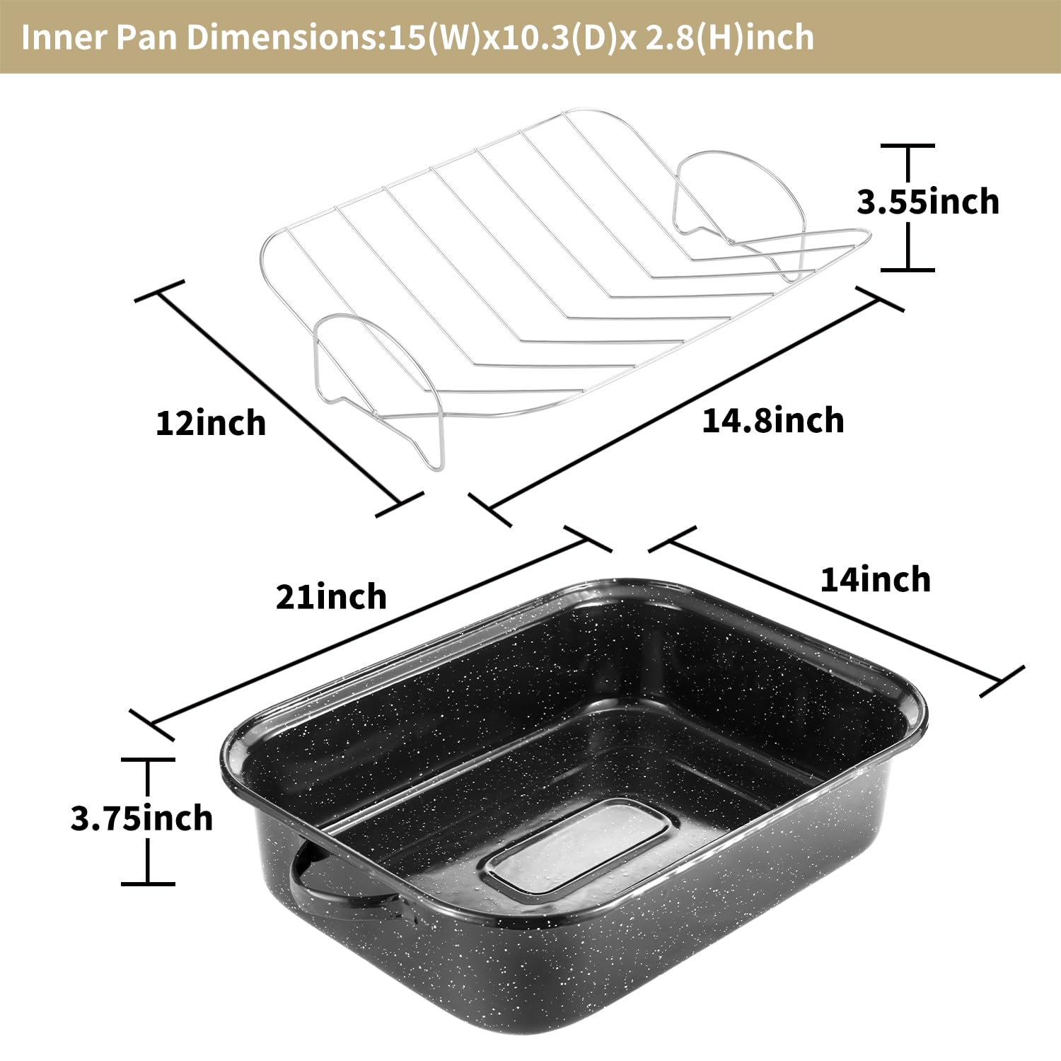 21Inch Roasting Pan, Extra Large Rectangle Roasting Pan With Rack, 25lb Capacity, Large Roaster pan for Baking Turkey, V-Rack and Versatile Lid Bone Turkey Baster by DIMESHY