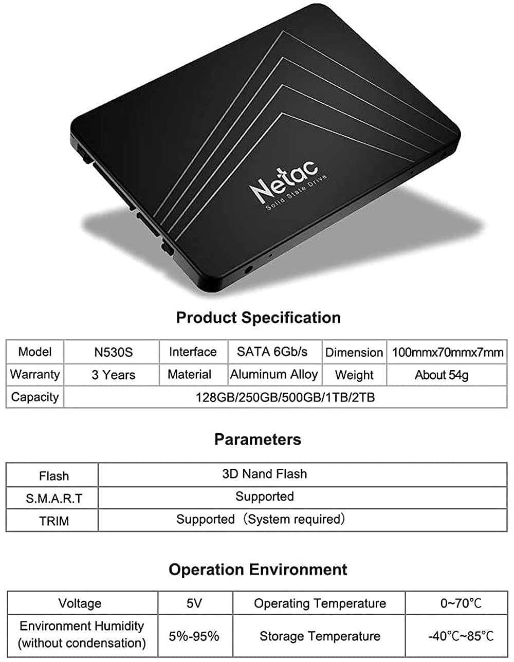 Netac SSD 240GB Internal Solid State Drive Hard Drive Up to 510 MB/s SATA SSD 2.5 Inch SATAIII 6Gb/s, Easy to Install, Notebook Tablet Desktop PC - 240GB
