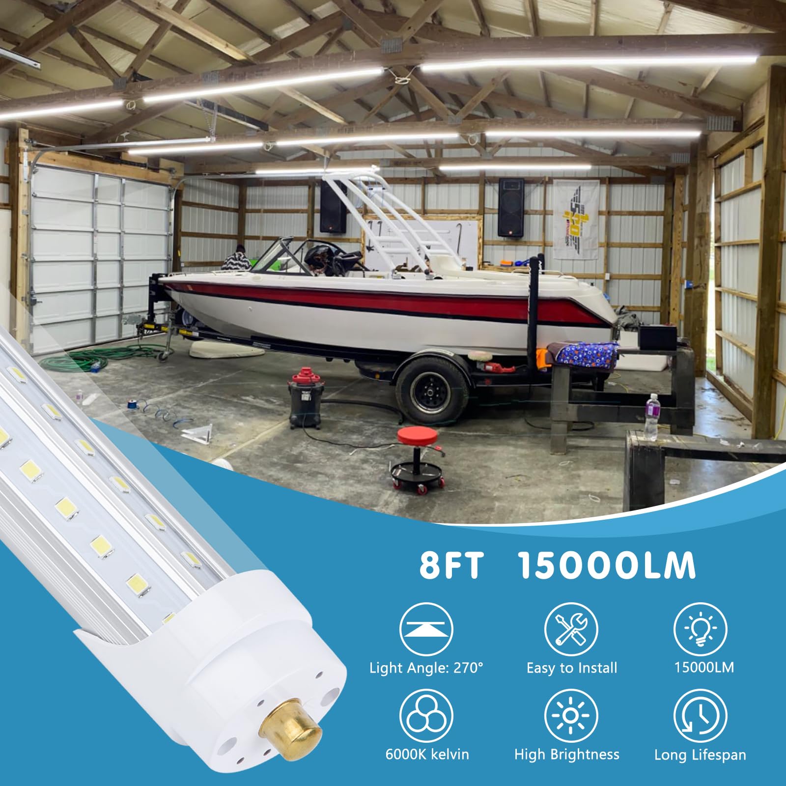 8FT LED Shop Light Fixture - 150W 19000LM, 5000K-5700K Daylight, 96'' T8 Integrated V Shape Fluorescent Tube Lights, High Output Bulbs for Garage Warehouse Workshop,Linkable Plug and Play (Pack-10pcs)
