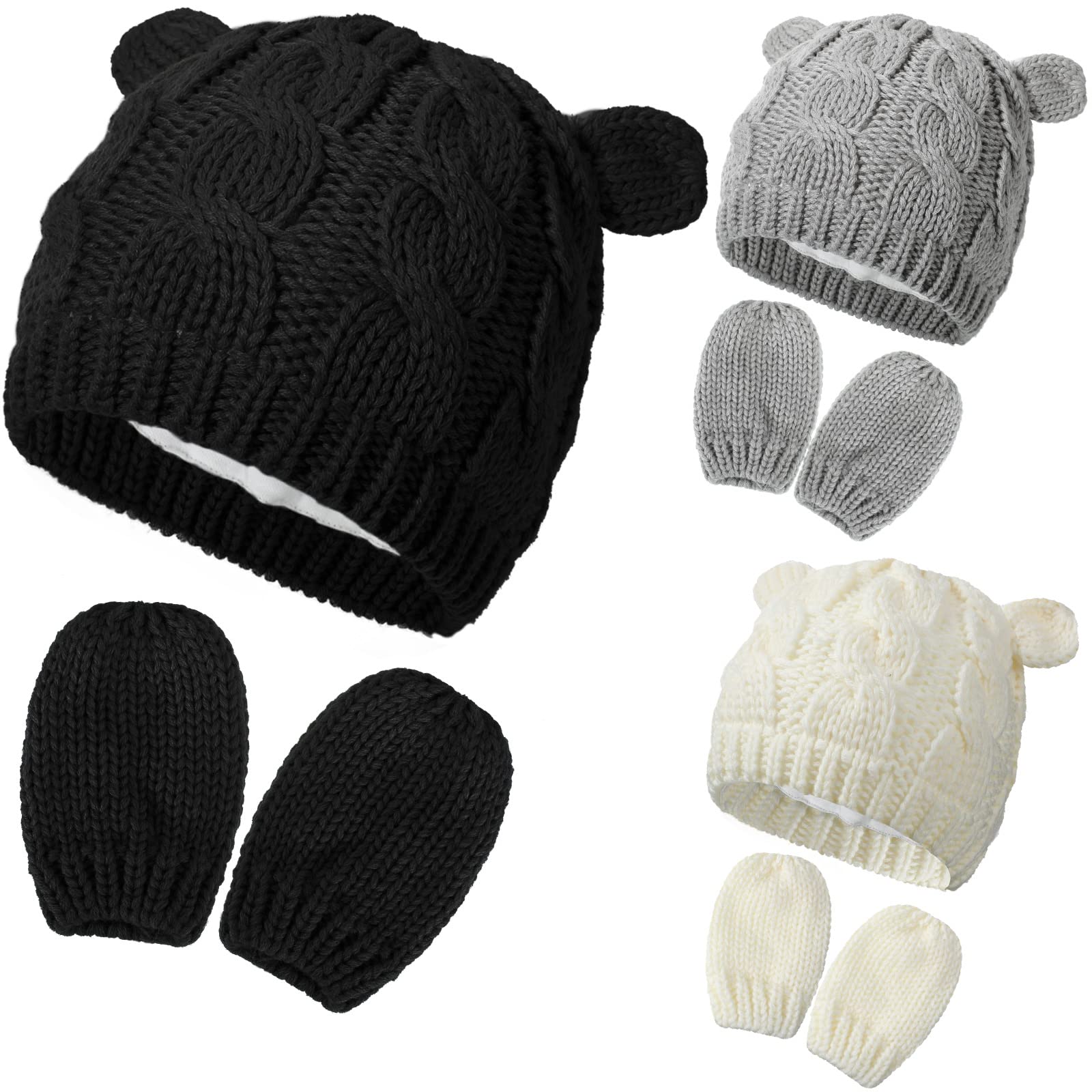 3 Sets Infant Hats Baby Hat and Mitten Set Newborn Baby Hat Baby Beanies Winter Hat Infant Toddler Warm Knitted Hats Gloves ()