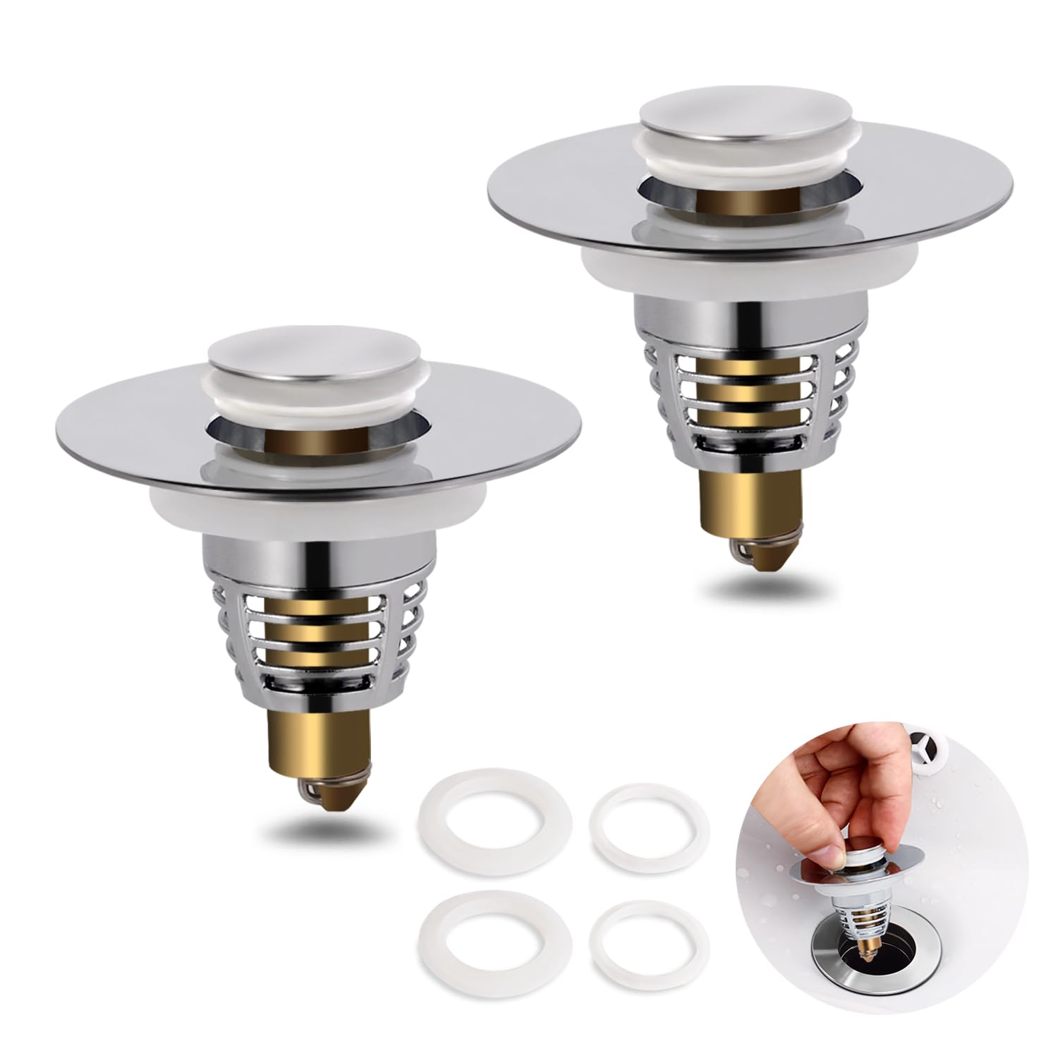 AJOMAN Universal Bathroom Sink Stopper with Hair Catcher, Bathtub Stopper Drain Strainer Pop Up 1.1-1.5 Inch, Push Type Basin Sink Filter, 2 PCs Bathroom Sink Strainer with Anti Clogging Drain Filter