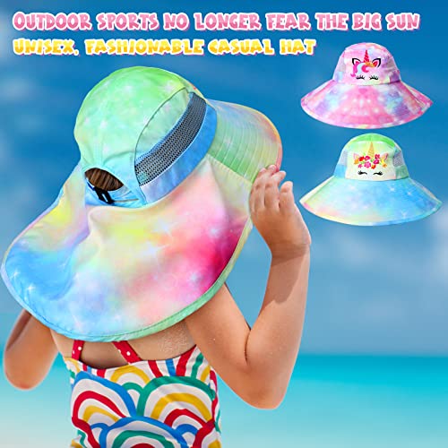 2 Pcs Sun Hat for Girls Unicorn Bucket Summer Hat Kids UV Protection Beach Hat Adjustable Strap Neck Flap Ponytail Cap for Kids 4β12 Years