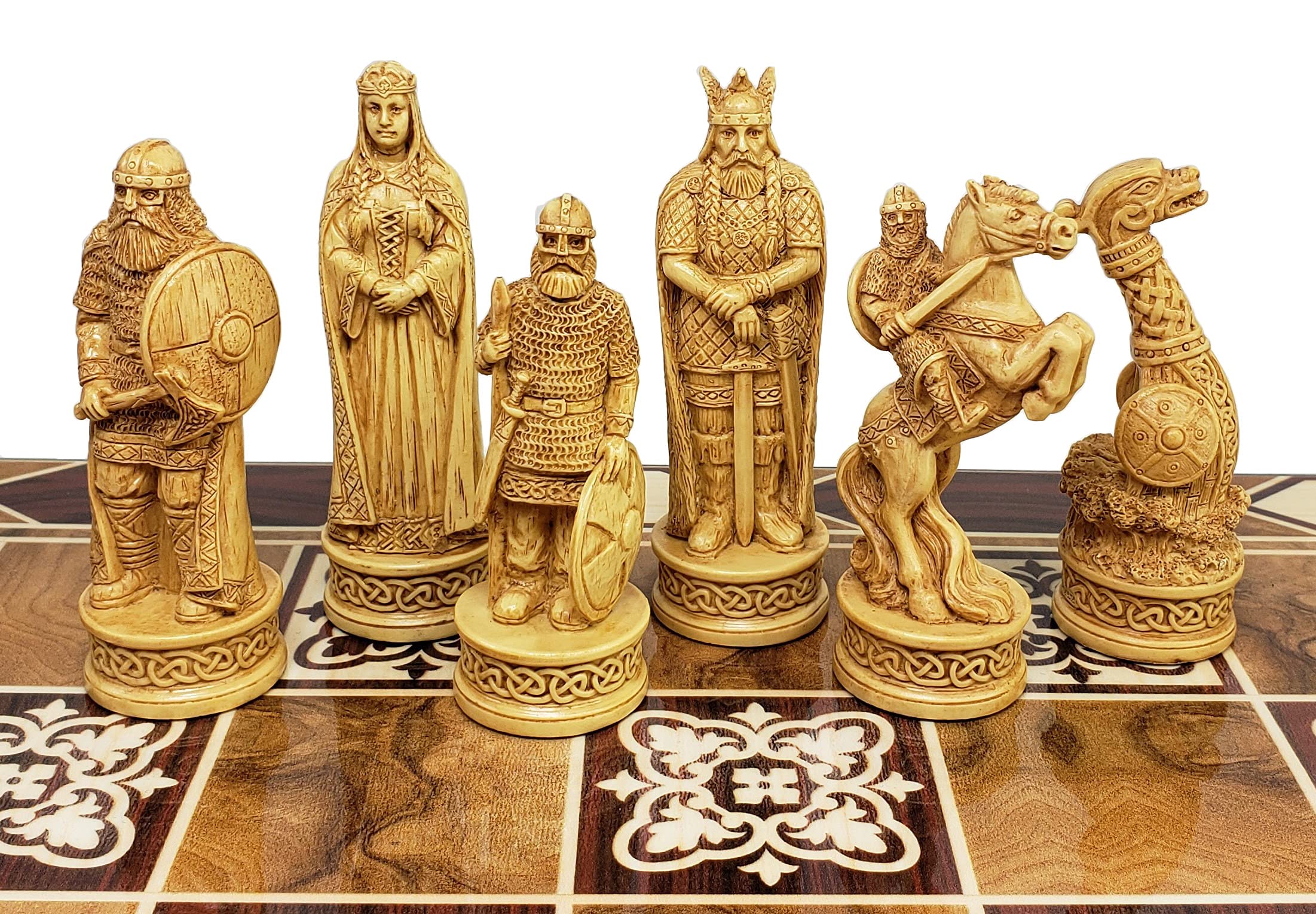 Antique Ivory & Brown Norse Viking Chess Set with 17" Burlwood Color Board