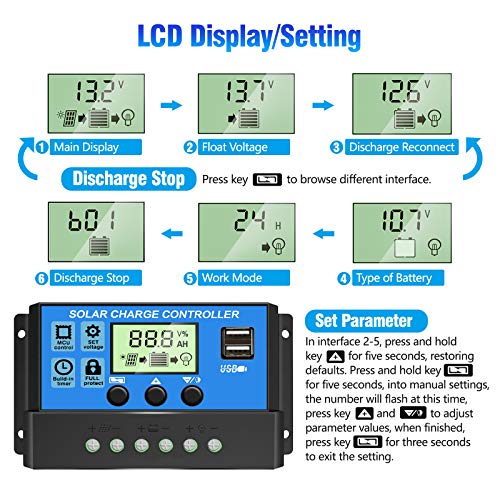 2Pcs 30A Solar Charge Controller, Black Solar Panel Battery Intelligent Regulator with Dual USB Port 12V/24V PWM Auto Paremeter Adjustable LCD Display