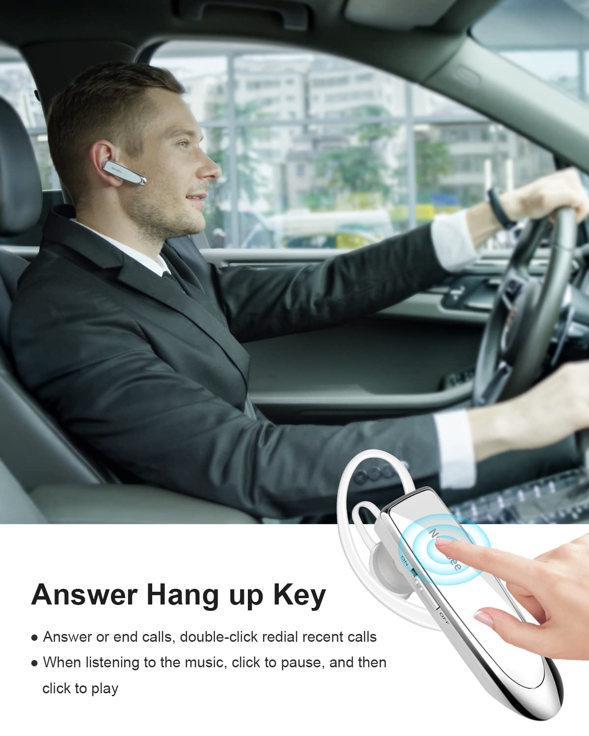 New bee [2 Pack] Bluetooth Earpiece V5.0 Wireless Handsfree Headset 24 Hrs Driving Headset 60 Days Standby Time with Bluetooth Headset for iPhone Android Laptop Truck Driver(White)