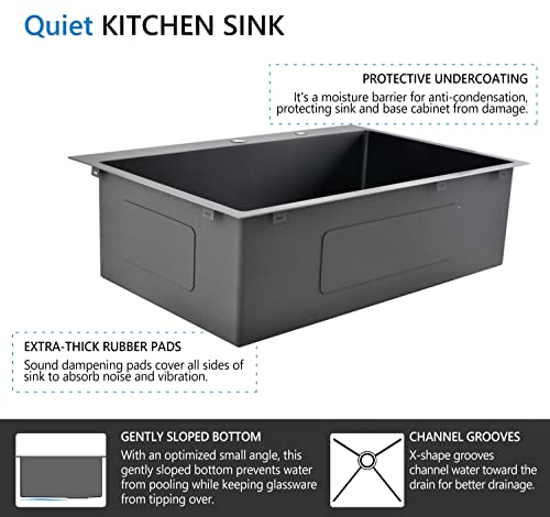 28 Inch Drop In Black Stainless Steel Kitchen Sink, Doirteal 28 x 22 x 10 Inch Matte Black Kitchen Sink 16 Gauge Stainless Steel Topmount Single Bowl Sink Single Basin with Bottom Grid