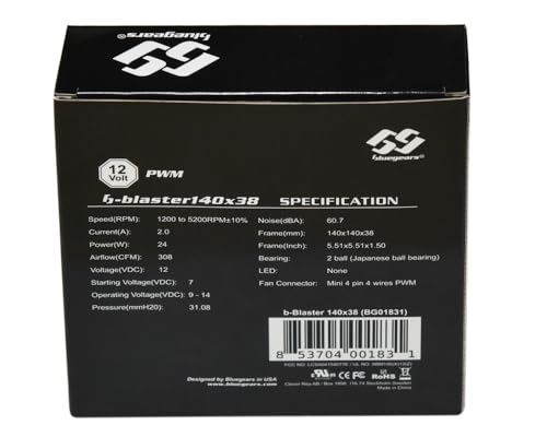Bgears b-Blaster 140x38 (PWM Version) Extreme Cooling Gaming PC & Mining Machine Fan, Hi-Speed 5200RPM w/Airflow of 308 CFM, 2 Ball Bearing Designed for Extended Life & high Performance, 4 Wire Black