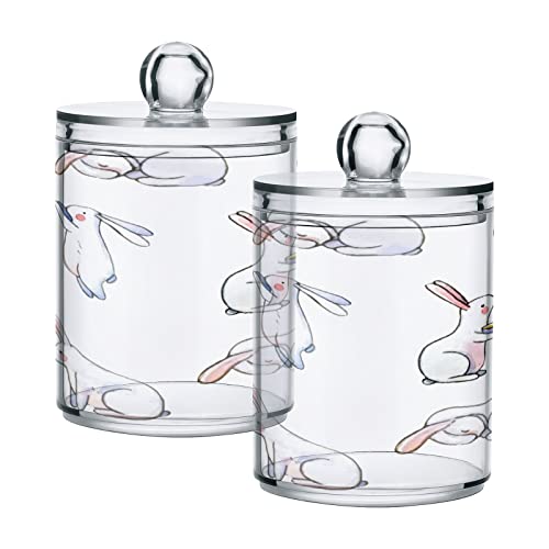 ALAZA Watercolor Rabbit Bunny Easter 2 Pack Qtip Holder Dispenser with Lid 14 Oz Clear Plastic Apothecary Jar Containers Jars Bathroom for Cotton Swab, Ball, Pads, Floss, Vanity Makeup Organizer