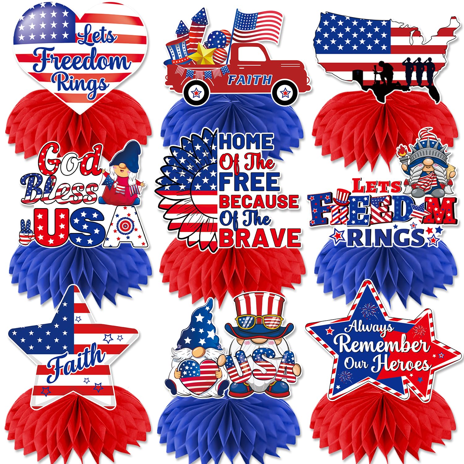 9Pcs Veteran Day Decorations Honeycomb Centerpieces, 3D Double Side God Bless USA Table Decorations, Blue Red Home of the Free Centerpieces for Tables, Memorial Day Decorations for Office Decor