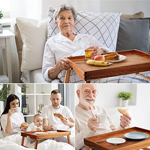3 Pcs Acacia Bed Table Tray with Folding Legs and Handles Wooden Breakfast Tray Lap Snack Serving Tray Wood Laptop Desk for Eating Drawing Working Studying Dinner Bedroom Sofa Couch Kids Adults