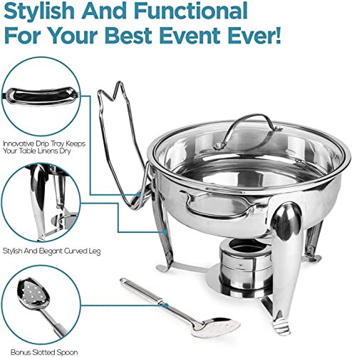 6 Quart Round Stainless Steel Chafing Dish with Bonus Slotted Spoon and Drip Tray for Lid | Keeps linens Dry | for Wedding, Graduation, Events, Parties | Sterno Holder…