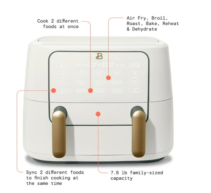 9QT TriZone Air Fryer with White Icing by Drew Barrymore - Large Capacity, Healthy Cooking, and Sleek Design (White)"
