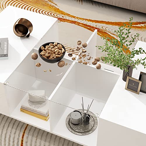 ECACAD Modern LED Coffee Table with Drawers & Open Compartments, Rectangle Coffee Center Table with Glass Top for Living Room, Bedroom, White (47.4" W x 23.6" D x 13.9" H)