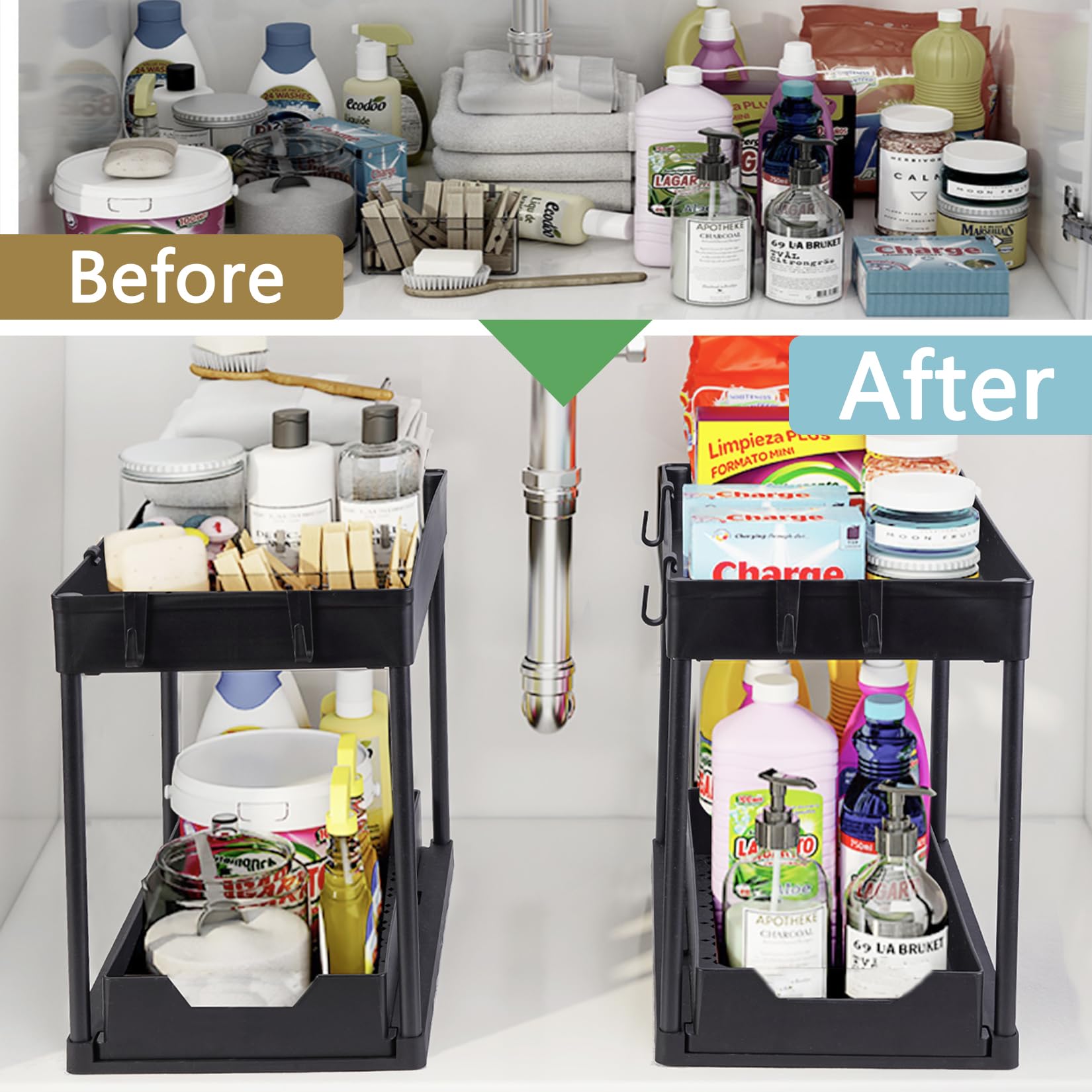 2 PCS Under Sink Organizer, 2-Tier Sliding Cabinet Basket Organizer Drawers, Under Sink Organizers and Storage Bathroom Kitchen Cabinet Organizer with Hooks The Bottom Drawers Can Be Slid Out