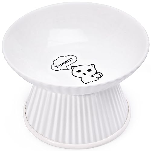 6.5" Extra Wide Ceramic Elevated Cat Bowl, Whisker Friendly Raised Cat Food Bowl for Food and Water, Anti-Vomiting High Cat Dish for Indoor Cats with Non-Slip Ring, Dishwasher Safe & Microwaveable