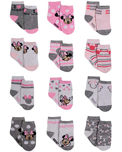 Disney Baby Girls Socks - 12 Pack Soft Newborn Baby Socks Character Prints - Cute Newborn and Infant Socks, 0-24M, Size 12-24 Months, Minnie Mouse Pink/Grey