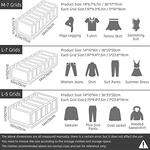 2 Pcs Wardrobe Clothes Organizer with Support Board- Foldable Mesh Closet Storage Large 7 Grids Divider Drawer Organizers Washable Compartment Box for Jeans T-shirt Pants Legging (L-7Grids), White