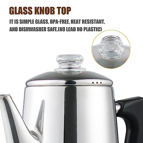 APOXCON Electric Coffee Percolator with ETL Approval, Stainless Steel Coffee Maker 1000 Watt with Simple Glass Knob Top, Auto Keep Warm Function & Cord-less Sever, Easy to Clean (12 Cup)