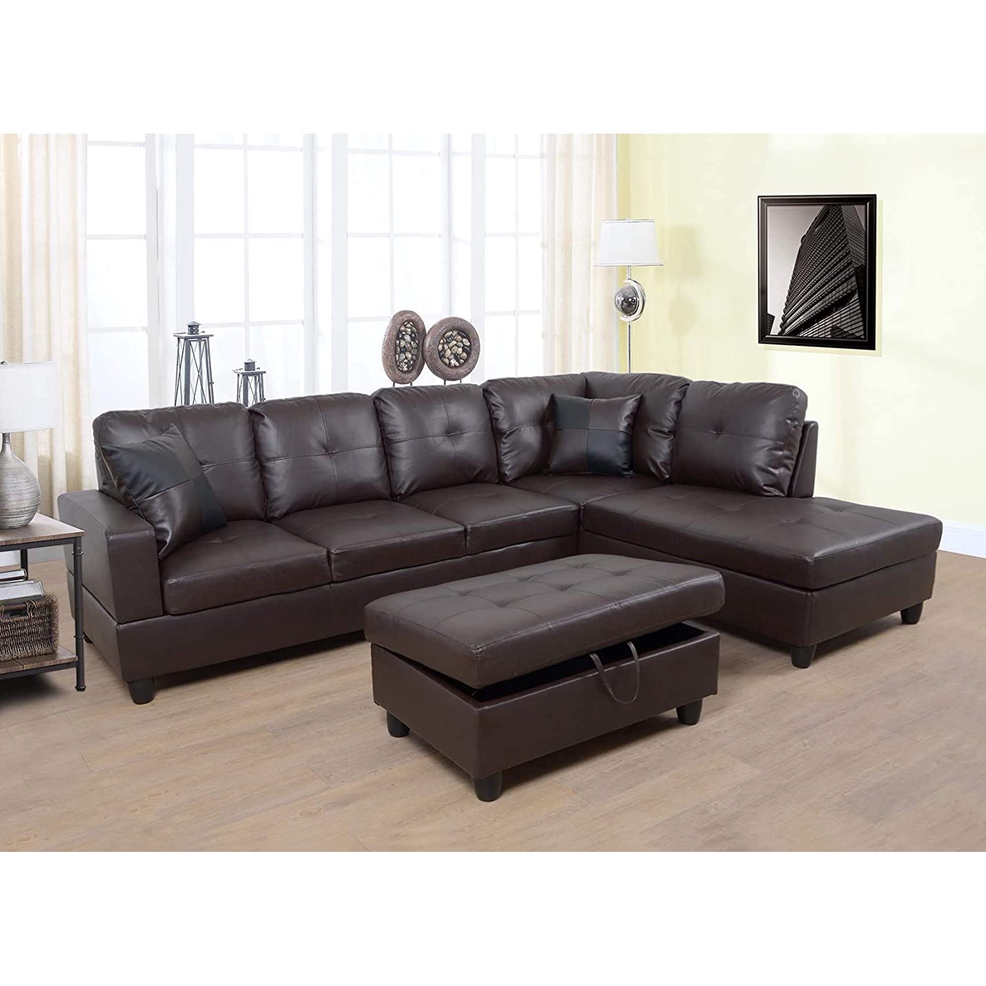 A Ainehome Sectional Sofa Faux Leather Modern L Shaped Couch Set 103.5”Wide Including Chaise and 3 Seating Sofa with Storage Ottoman for Living Room Furniture (Right Hand Facing, B-Brown)