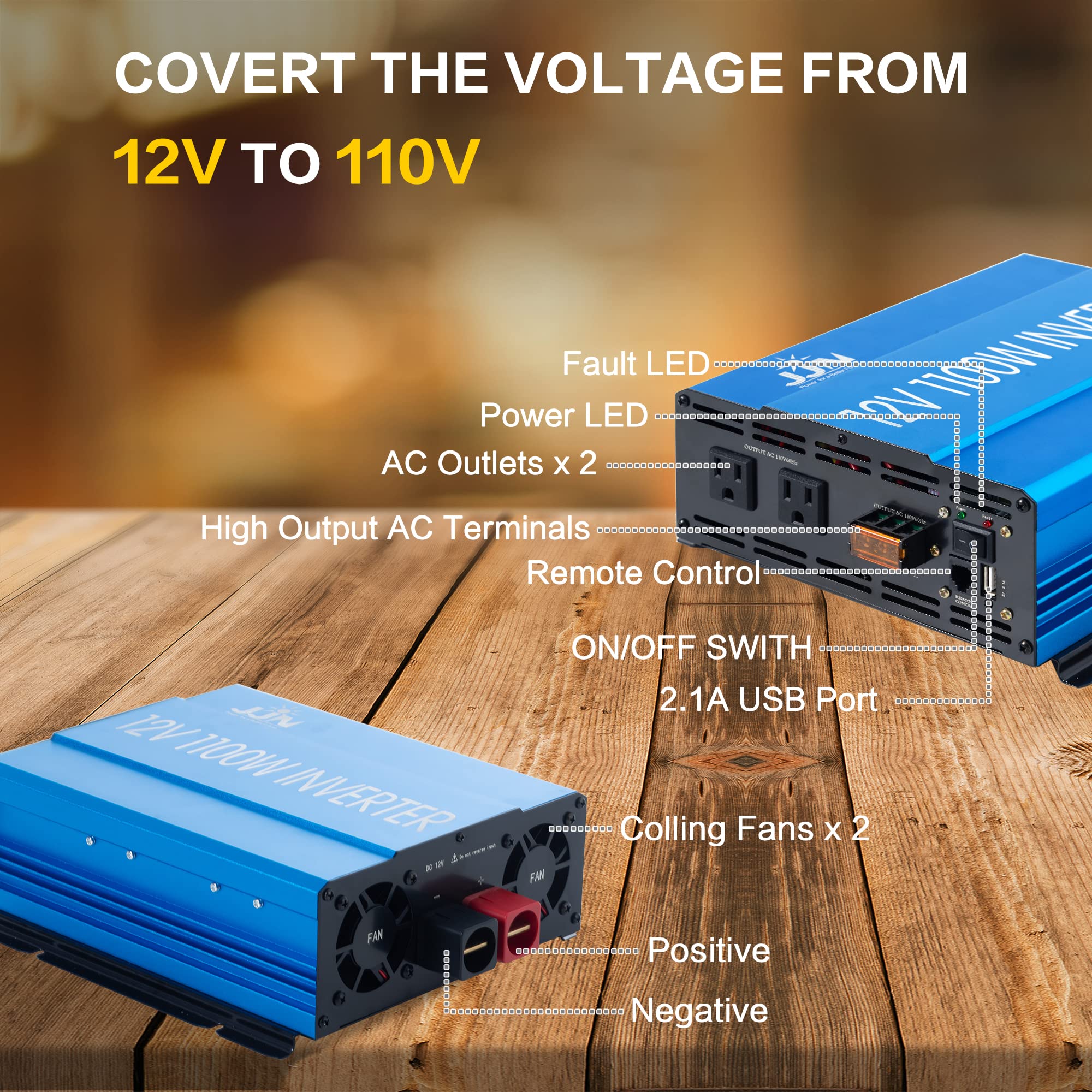 2000 Watt Power Inverter Modified Sine Wave Inverter 12V DC to 110V AC Converter for Home, RV, Truck, Off-Grid Solar Power Inverter with Built-in 5V/2.1A USB Port, AC Hardwire Port, Remote Controller