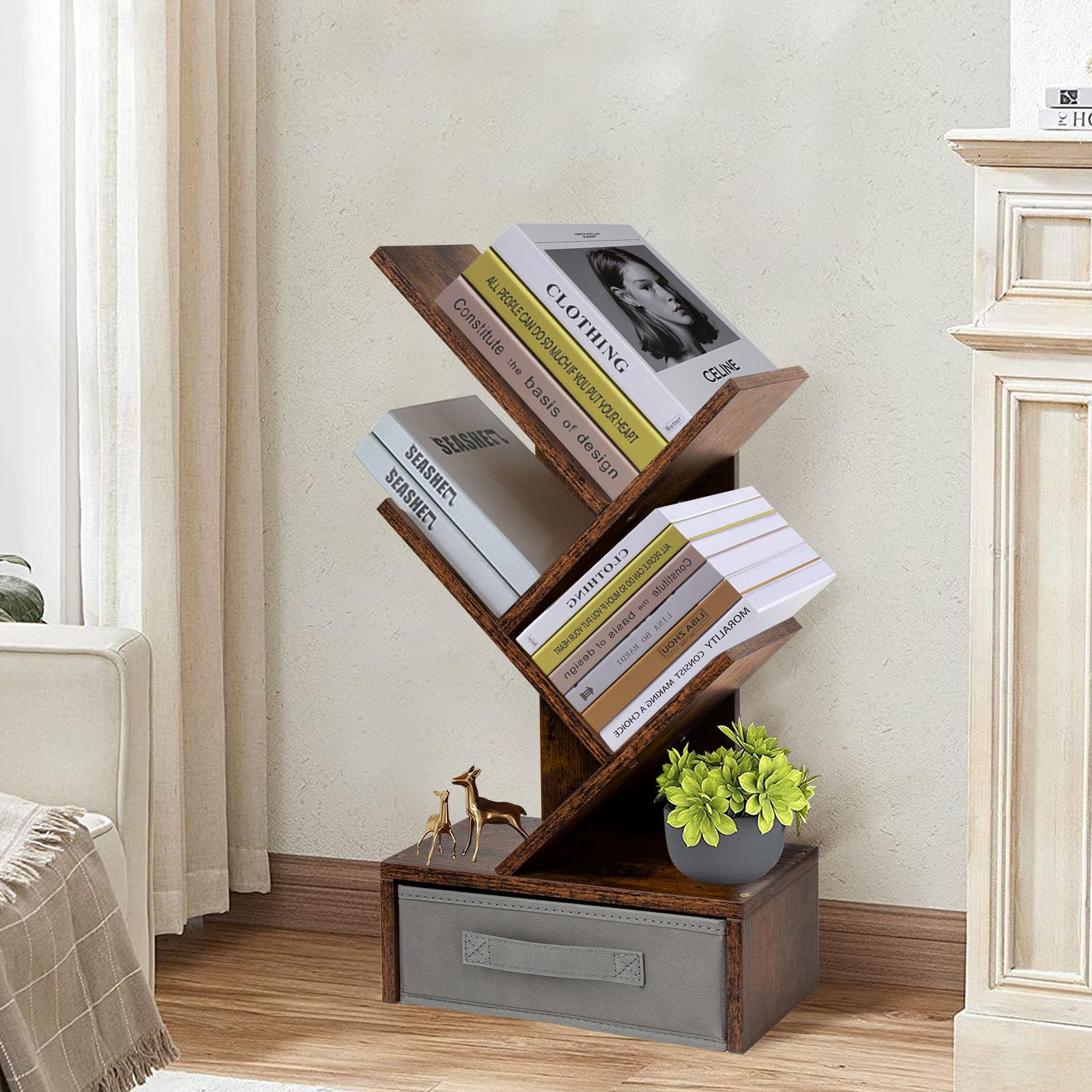 3 Tier Tree Bookshelf with Drawer, 23" H x 11.8" L x 6.7" W, Small Tree Tabletop Bookcase, Table Top Book Shelf for Living Room, Bedroom, Home Office, Rustic Brown
