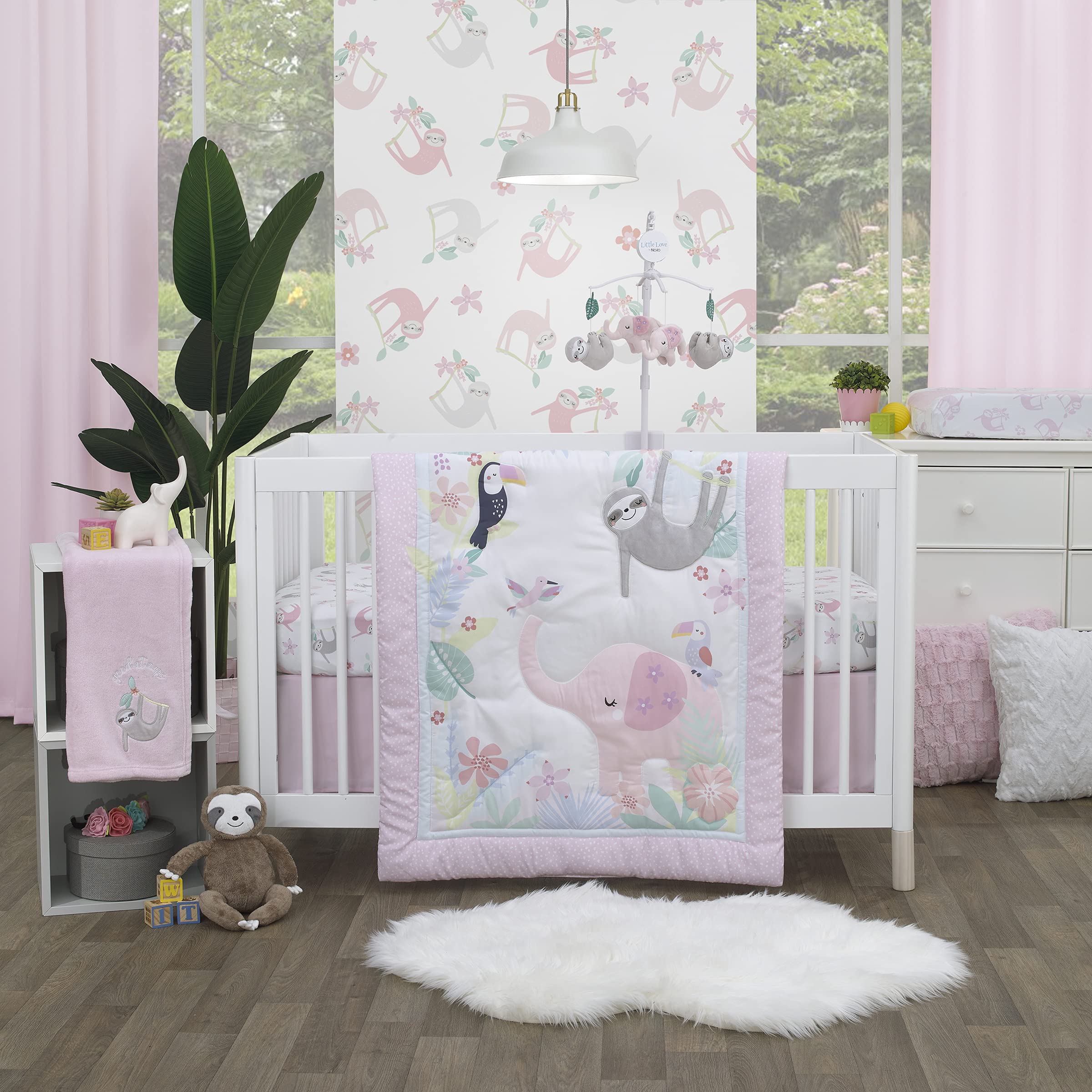 NoJo Little Love Tropical Garden Pink, Grey, and White Sloth Super Soft Fitted Crib Sheet