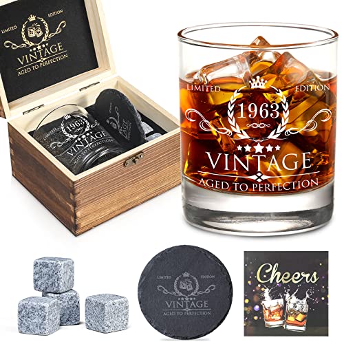 60th Birthday Gifts for Men Whiskey Glass Set - 60th Birthday Decorations, Party Supplies - 60 Year Anniversary, Bday Gifts Ideas for Him, Dad, Husband, Friends - Wood Box & Whiskey Stones & Coaster