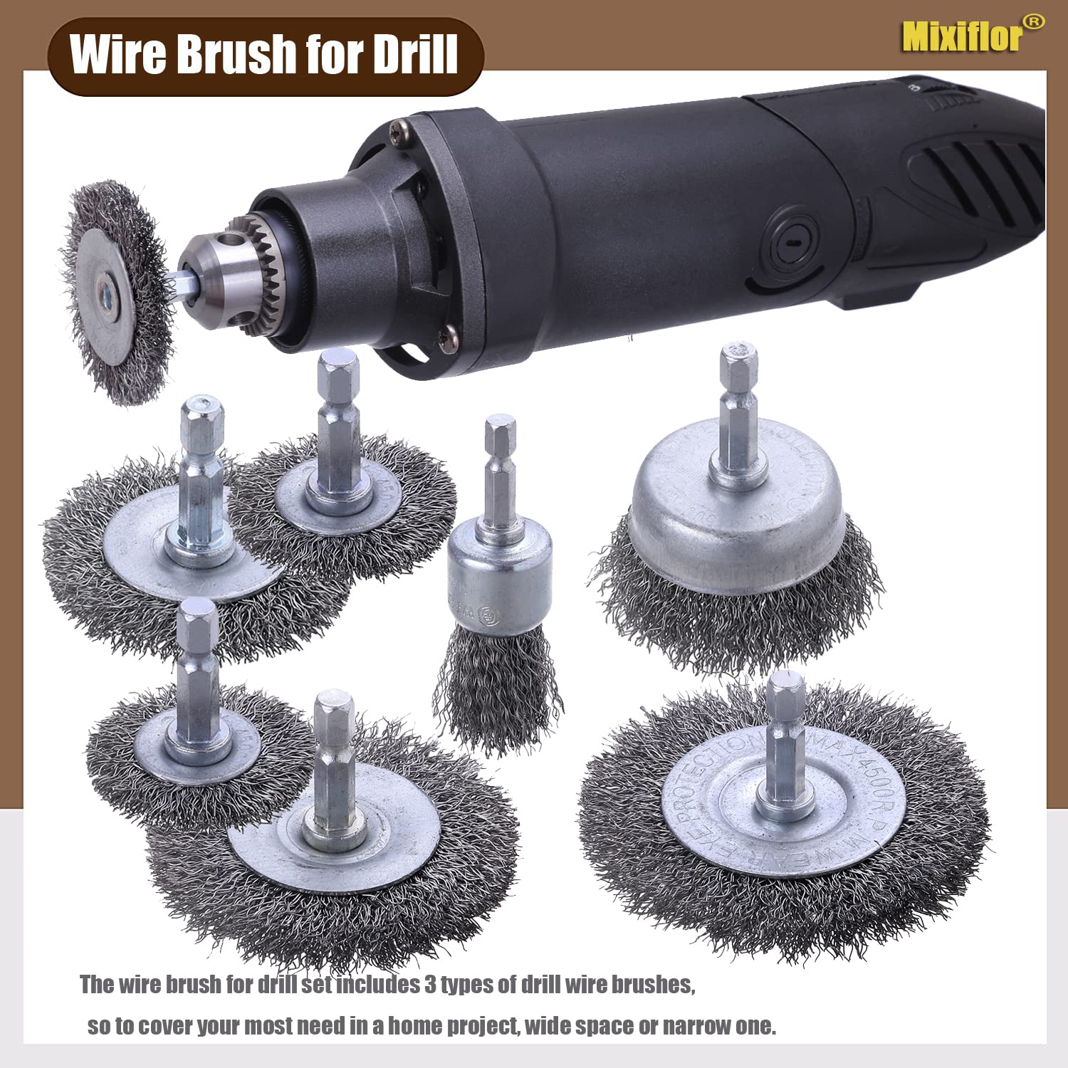 Mixiflor Wire Brush for Drill, 8 Pcs Wire Wheel Brush Cup Set, Wire Wheel for Drill 1/4 Inch Arbor, Drill Wire Brush Cup Brush for Cleaning Rust, Wire Wheel Brush Drill Attachments
