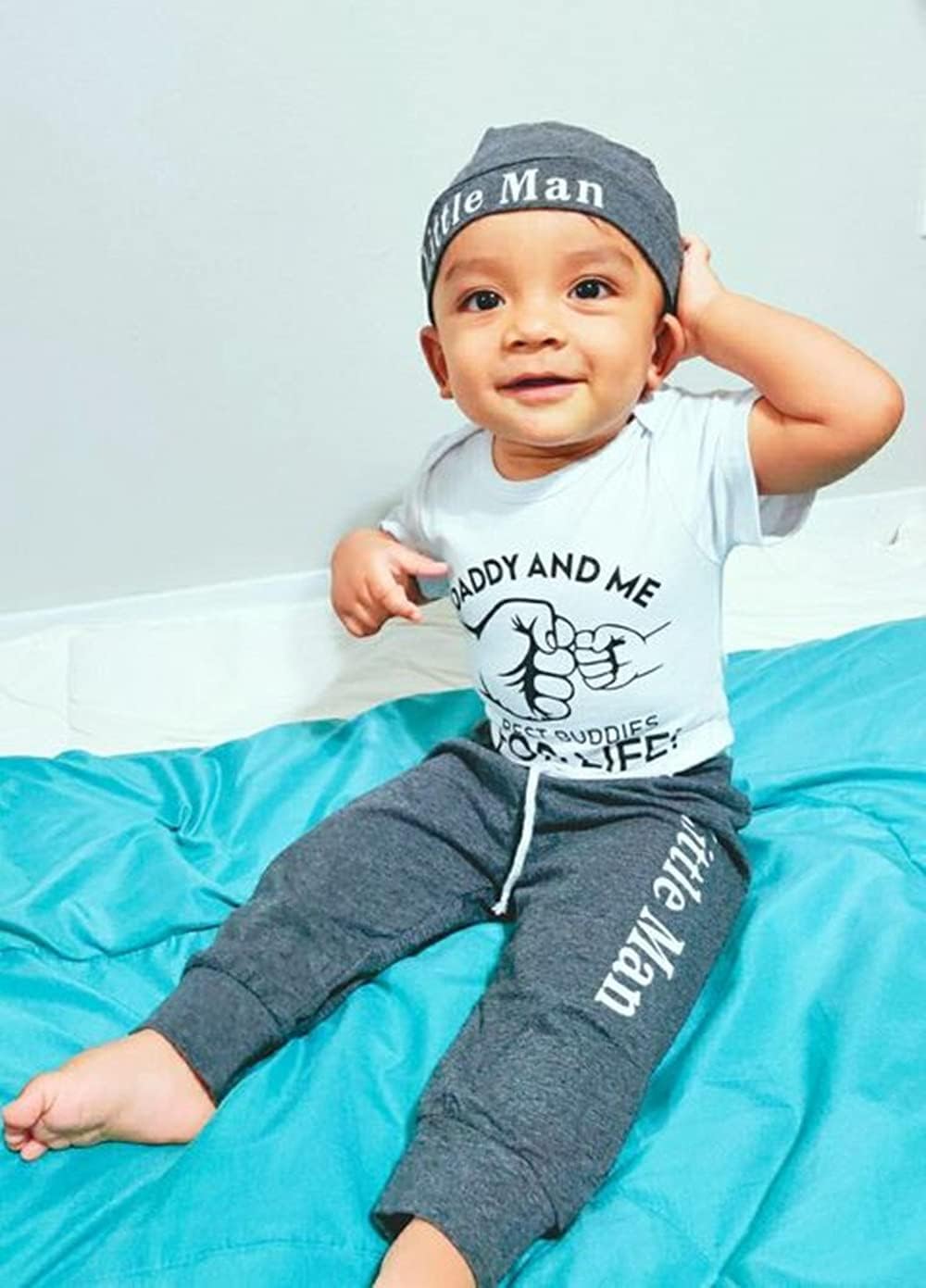 TUEMOS Baby Boy Clothes Daddy and Me The Best Buddies for Life Letter Print Romper Top+Pant with Hat Baby Boy Summer Outfits 3-6 Months
