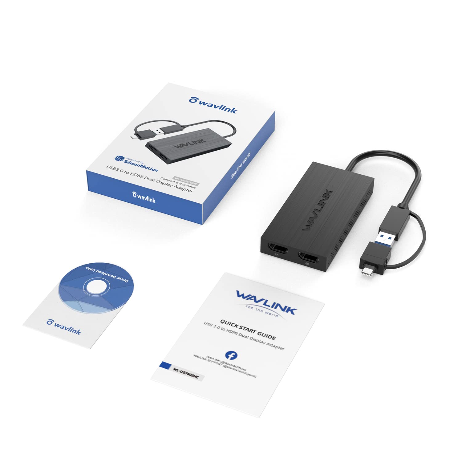 WAVLINK USB 3.0/C to HDMI Dual Display Adapter, Universal Video Graphics Adapter for Dual Monitors, Thunderbolt 3/4, 4K@30Hz+1080P@60Hz for Windows, Mac OS, NOT Support for Linux & iPad OS