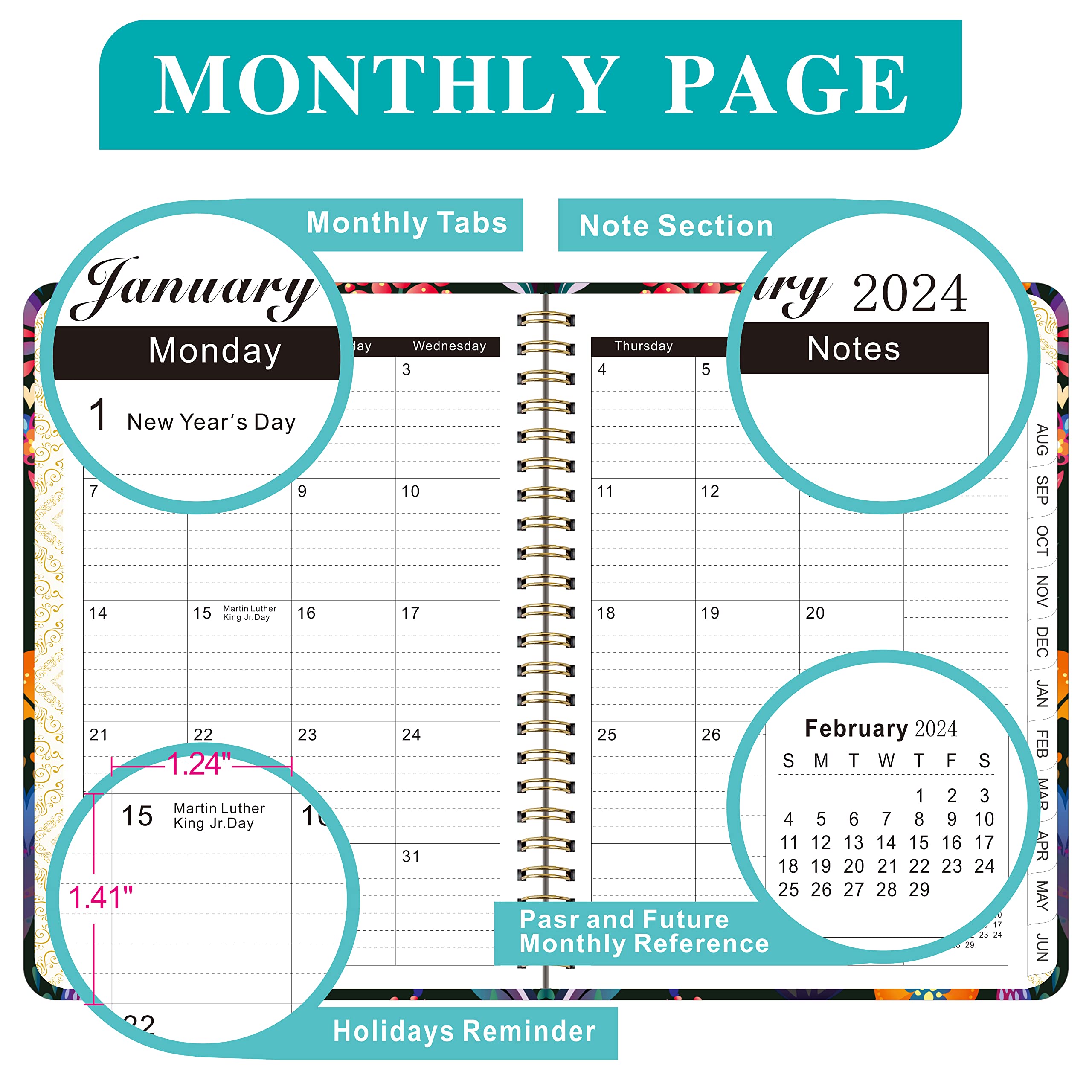 2023 Planner, Jul. 2023 – Jun. 2024, Academic Planner 2023-2024, 8.4" x 6.2" with Weekly & Monthly Spread, Spiral Planner Notebook, Elastic Closure, Inner Pocket, Coated Tabs, Floral