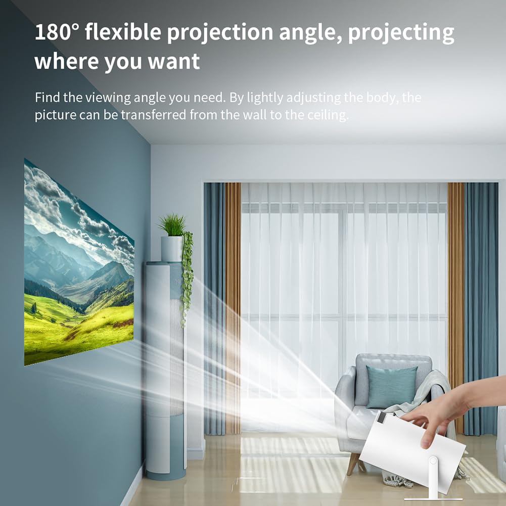 180 Degree Rotatable Freestyless FHD HDR Smart Portable Projector for Indoor and Outdoor Home Theater, Low Noise,Automatic Focusing,Big Screen Experience