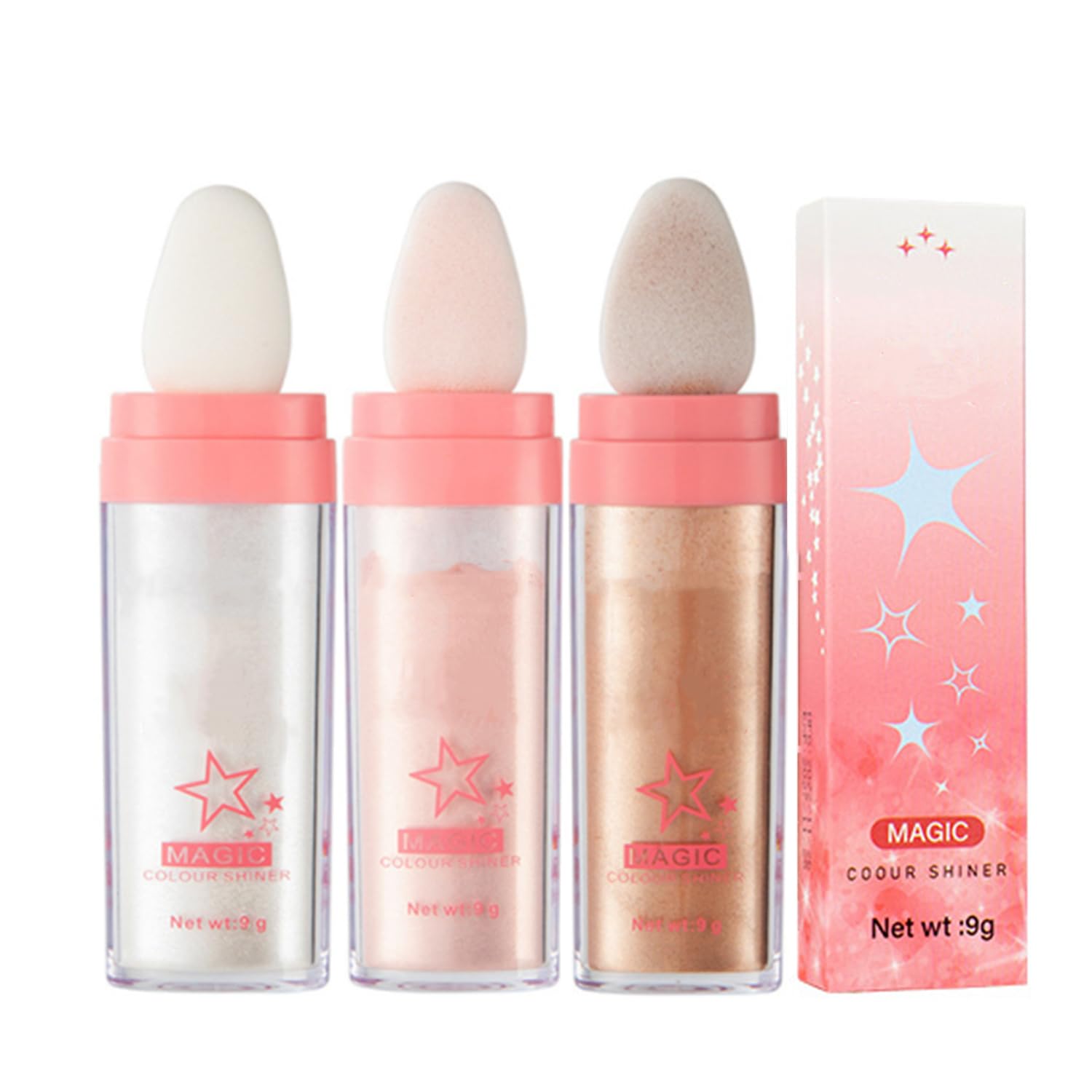3PC Shimmer Face and Body Highlighter Powder Stick Makeup,Natural Three-dimensional Face Powder Blusher,High Gloss Fairy Glitter Sparkle Patting Powder Makeup (White+pink+gold)