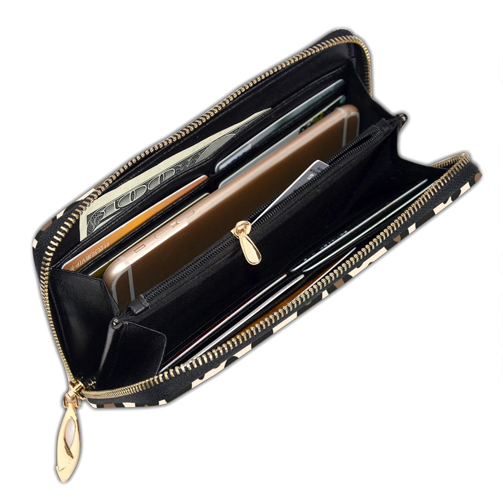 AJUNJUNPAI Cheetah Leopard Print Cowhide Leather Clutch Print Wallet for Women Purse Organizer Zip Around Cards Phone Holder, Black, One Size