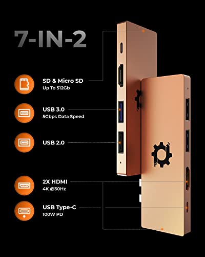 NOV8Tech USB C Hub Dual 4K HDMI Triple Display USB Hub 3.0 Adapter for MacBook Pro 2020/2019/2018/2017/2016 & MacBook Air 2020-2018, 7 in 2 Gold 100W USB C Dock, SD & Micro SD Reader, USB 3 & USB 2