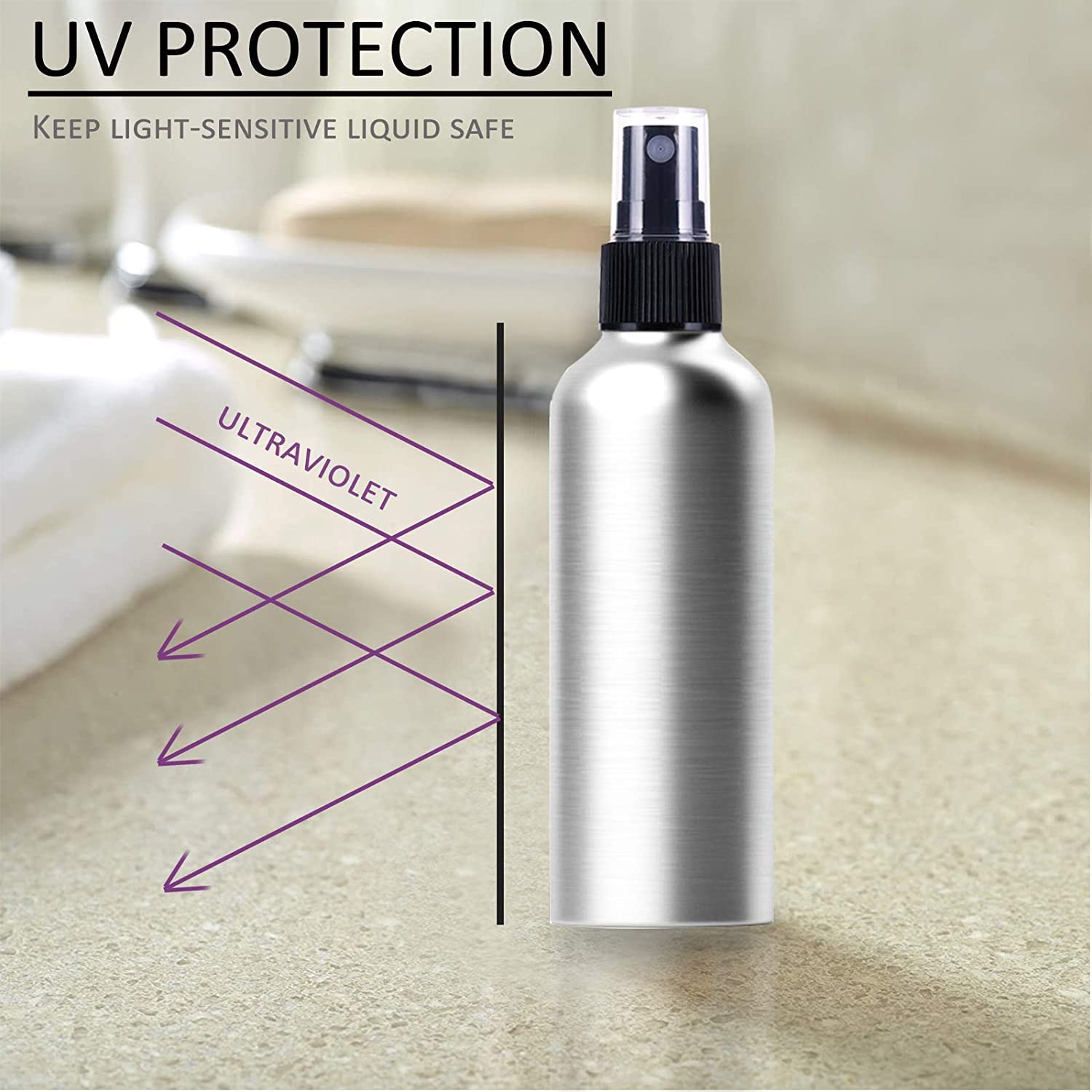 Empty Spray Bottles Travel Size 100ml/3.4oz 5 Pack Small Spray Bottle Aluminum Metal Fine Mist Refillable Atomizer Set with Lids for Liquids Skincare Cosmetic Perfume Storage, with 4pcs Small Funnels