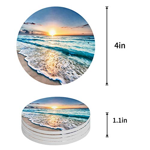 Ocean Beach Drink Coasters Absorbent Natural Ceramic Stone Bar Coasters Set of 4 - Cup Mat with Cork Backing, Housewarming Gifts for Home Kitchen Decorations Tropical Sunset Beach Ocean Wave Sea Water