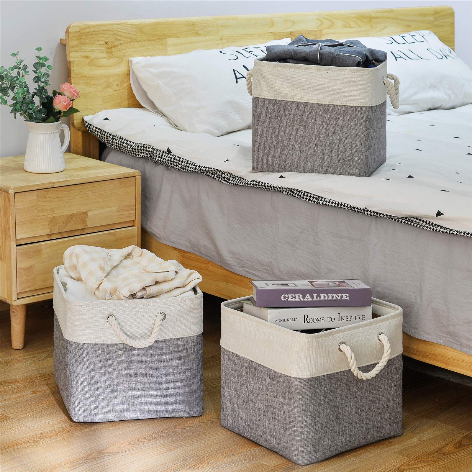 FAGlSAK Large Foldable Storage Bin 13" X 13" Storage Basket Organizer Basket Shelf Cube with Sturdy Cotton Carry Handles for Baby Nursery Closet Shelves Organization (White&Grey, Set of 3)