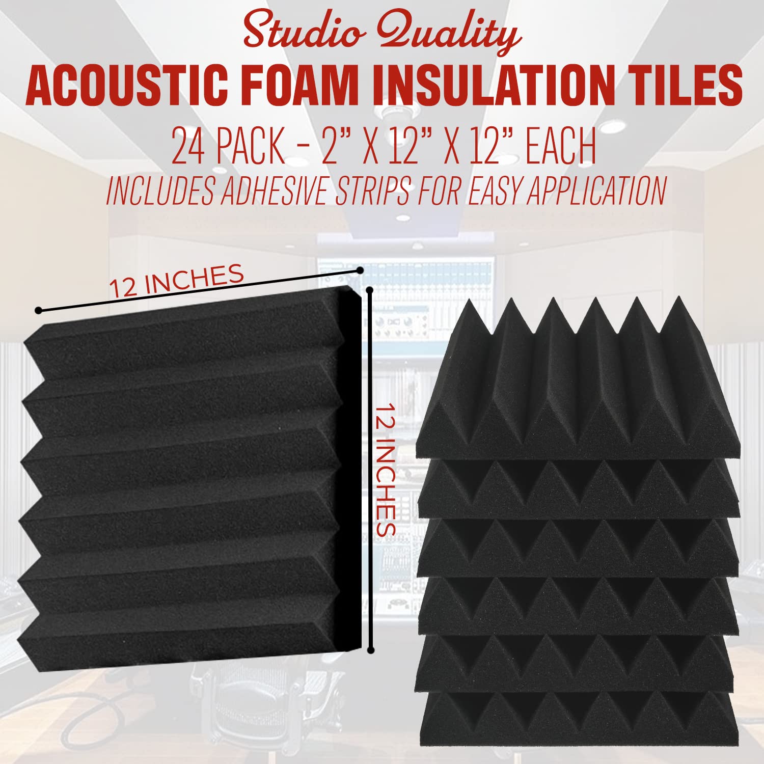 Acoustic Panels Soundproof Wall Panels- 24 Pack 2" x 12" x 12" Sound Proof Foam Panles Adhesive High Desnsity Fireproof Sound Panels Top Quality Sound Deadening Panels Ideal for Home & Studio