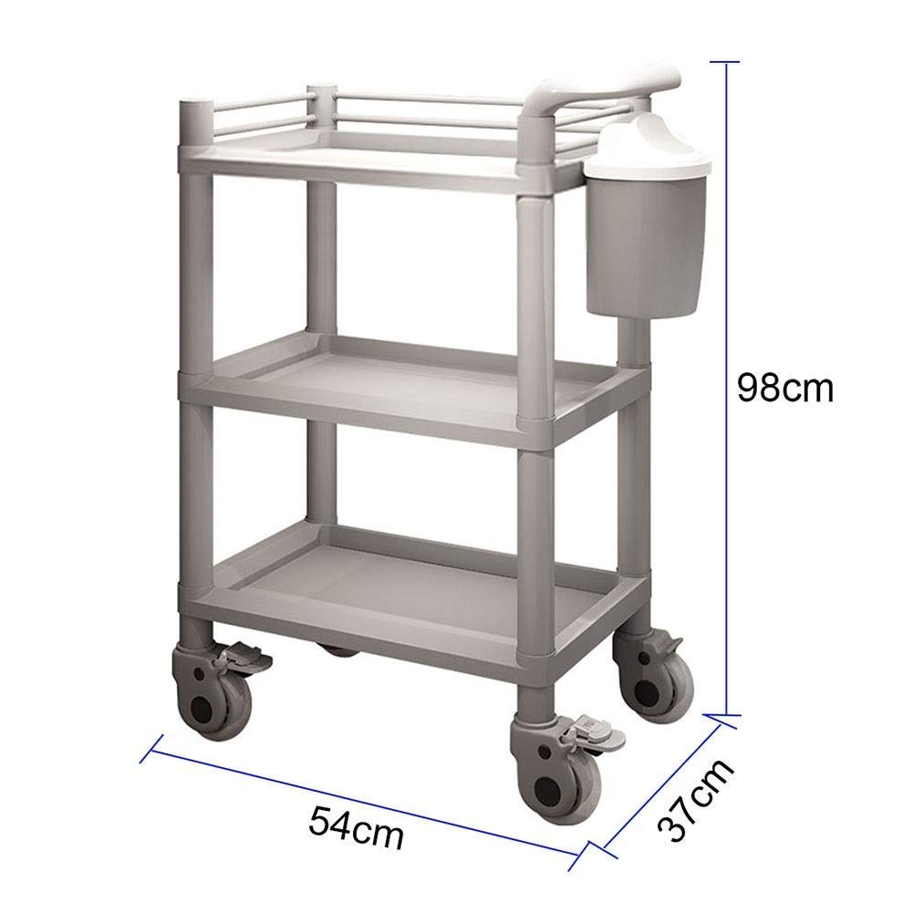 3 Tier Medical Instruments Rolling Cart with Handle Dirt Bucket, Abs Beauty Salon Trolley with Brake Wheel, 100Kg Load, 98Cm Height, PIBM