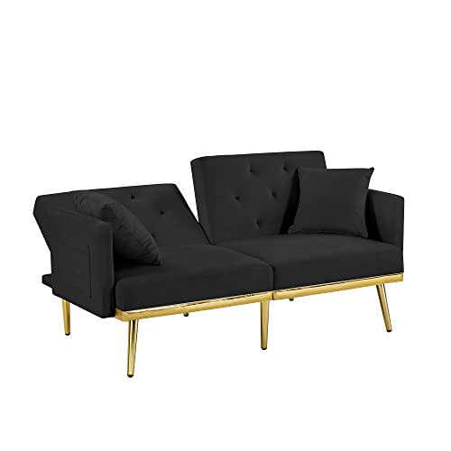 60"Convertible Folding Futon Sofa Bed with 2 Pillows and Armrest,Modern Velvet Sleeper Couch Bed with 3 Adjustable Backrests,Recliner Loveseat for Small Space,Living Room Bedroom Apartment (Black)
