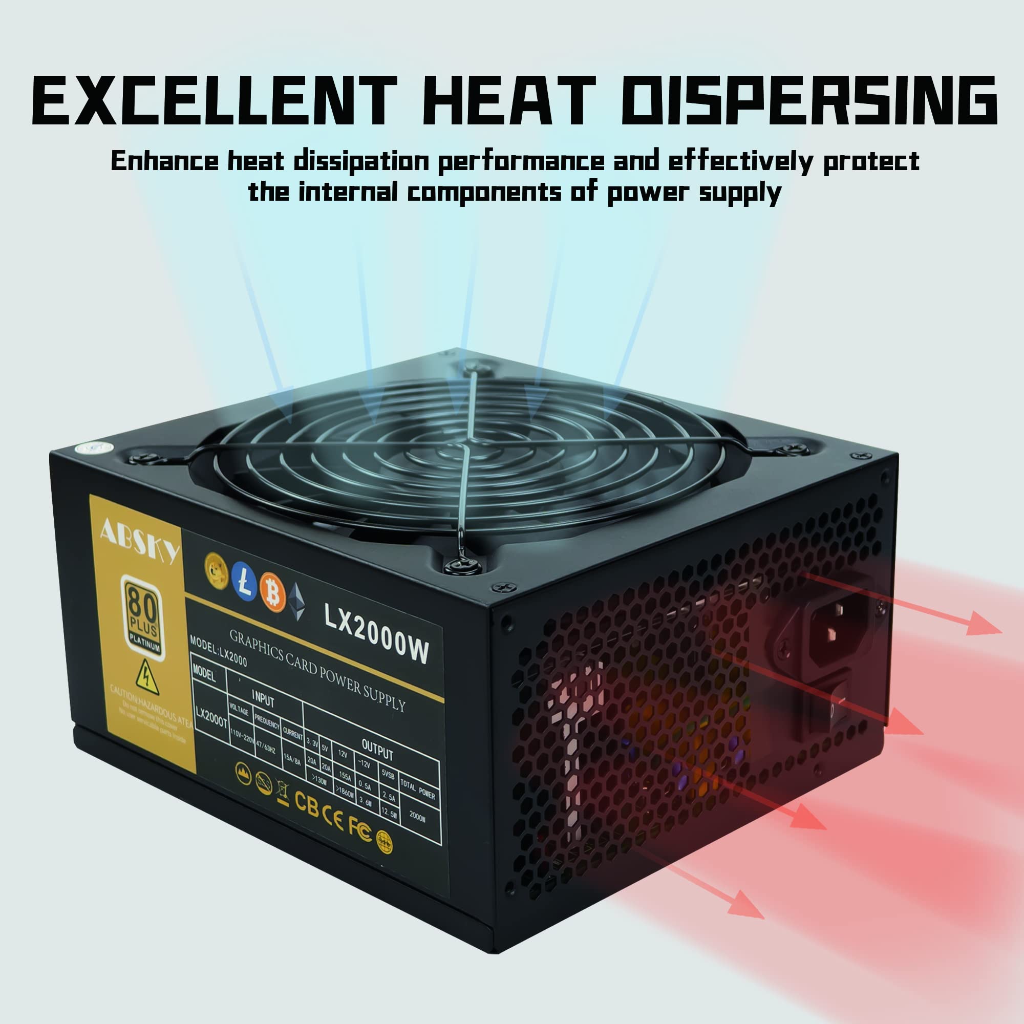 2000W Mining Power Supply PSU, ABSKY Mining Rig PSU ATX PC Power Supply for 8 GPU ETH Rig Ethereum Miner, Mining Machine Power Supply with Adapter Cable