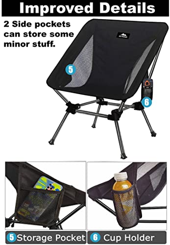 AnYoker Camping Chair, 2 Way Compact Backpacking Chair, Portable Folding Chair, Beach Chair with Side Pocket, Lightweight Hiking Chair Low Back Chair 0177 (Black 2pack)