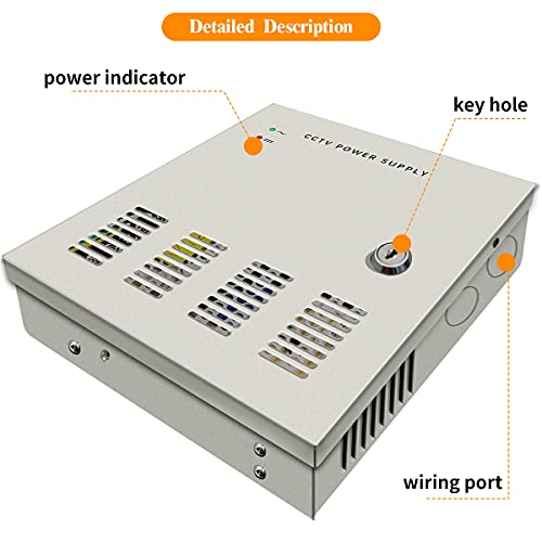 WEILAILIFE CCTV Power Supply Box, 9 Channel 12V 5A DC Distributed Power Supply Box, AC Plug Cord & Key Lock, Output AC to DC for Security Camera System, DVRs, IP Cameras, CCTV Cameras