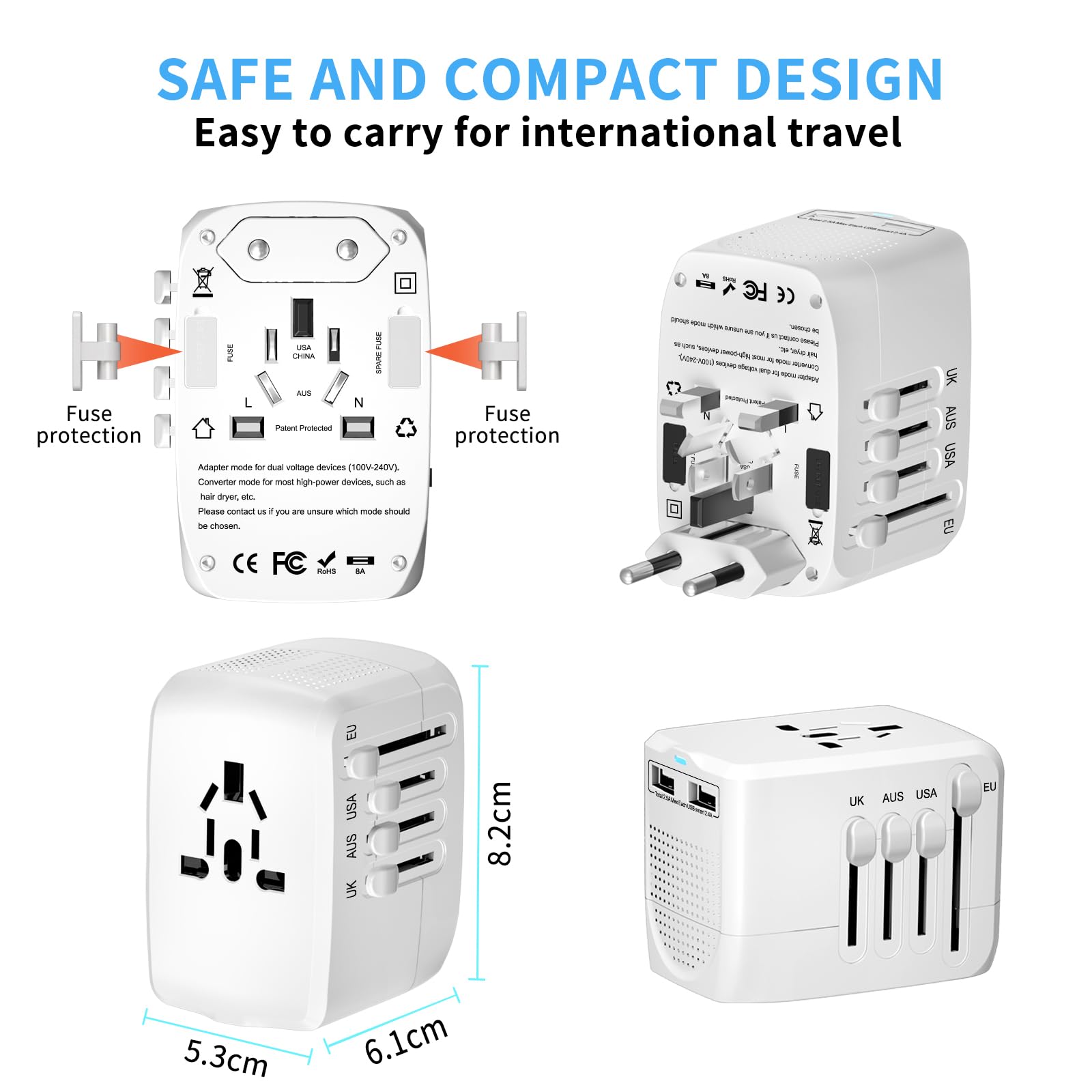 2000W Travel Voltage Converter, Universal Travel Adapter Voltage Converter Combo for 100V-240V, with 2 USB Ports, US to UK Europe Australia 200+ Countries Power Converter(White)