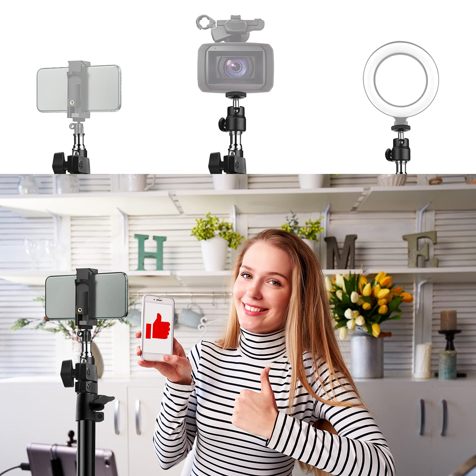 Obeamiu 2 Pack C Clamp Desk Mount Light Stand with 1/4" Ball Head and Hot Shoe Mount Adapter, 21-45 Inch Adjustable Tabletop Bracket Stand for DSLR Camera, Ring Light, Video Monitor, Microphone Webcam