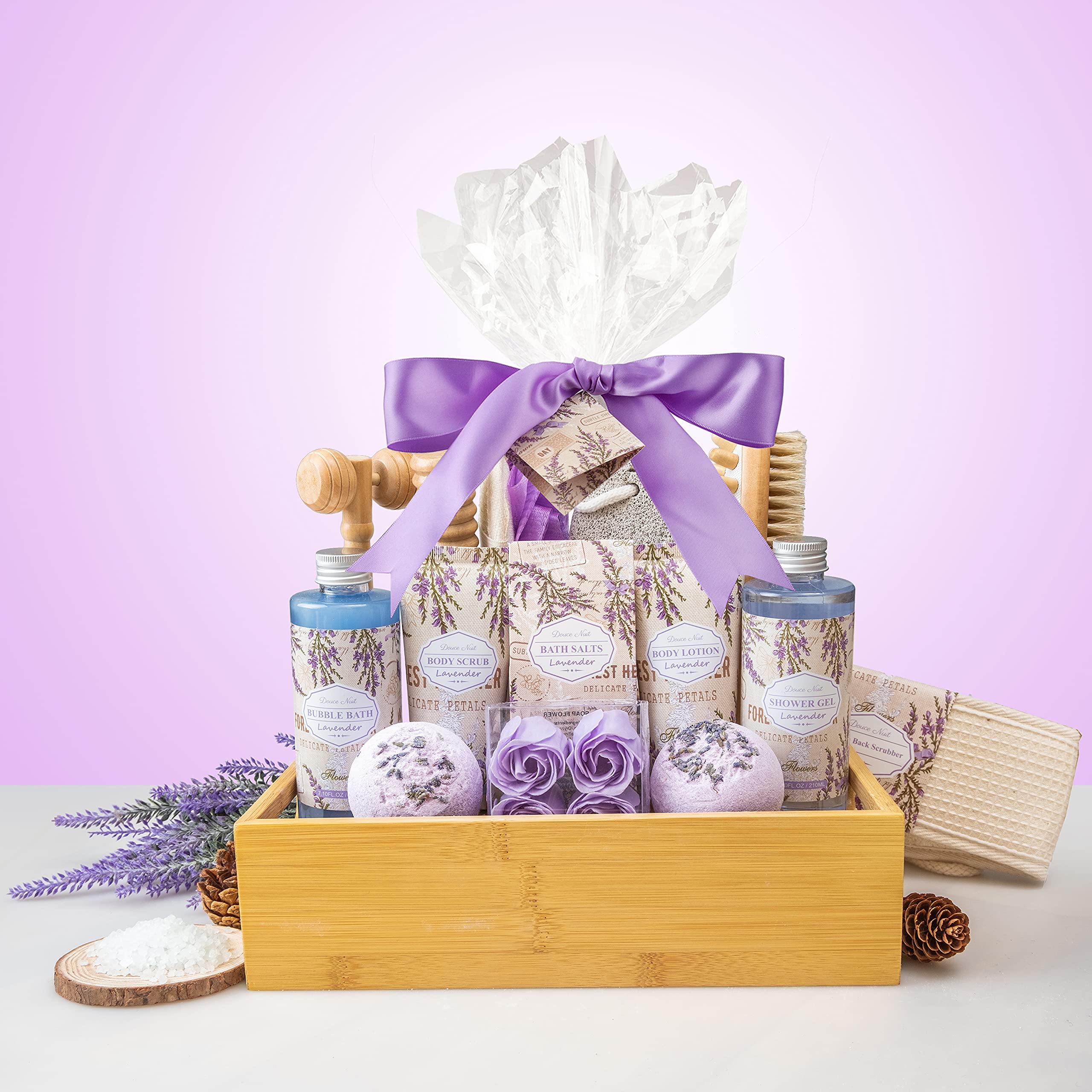 Luxury Spa Gift Baskets for Women in Lavender Essential, Christmas Birthday Gifts for Mom, 18pcs Bath Body Home Spa for Pampering Self Care with Bubble Bath Lotion Massager Roller Loofah scrubber