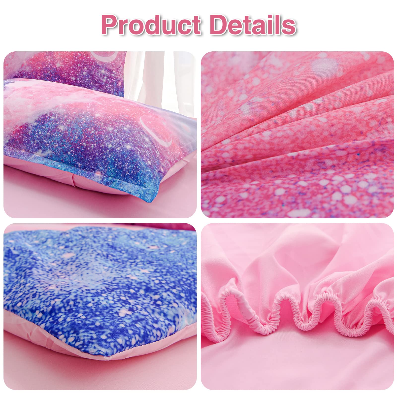 A Nice Night Galaxy Bedding Sets Outer Space Comforter 3D Printed Space Quilt Set Full 6Pcs Glitter Pink,for Children Boy Girl Teen Kids