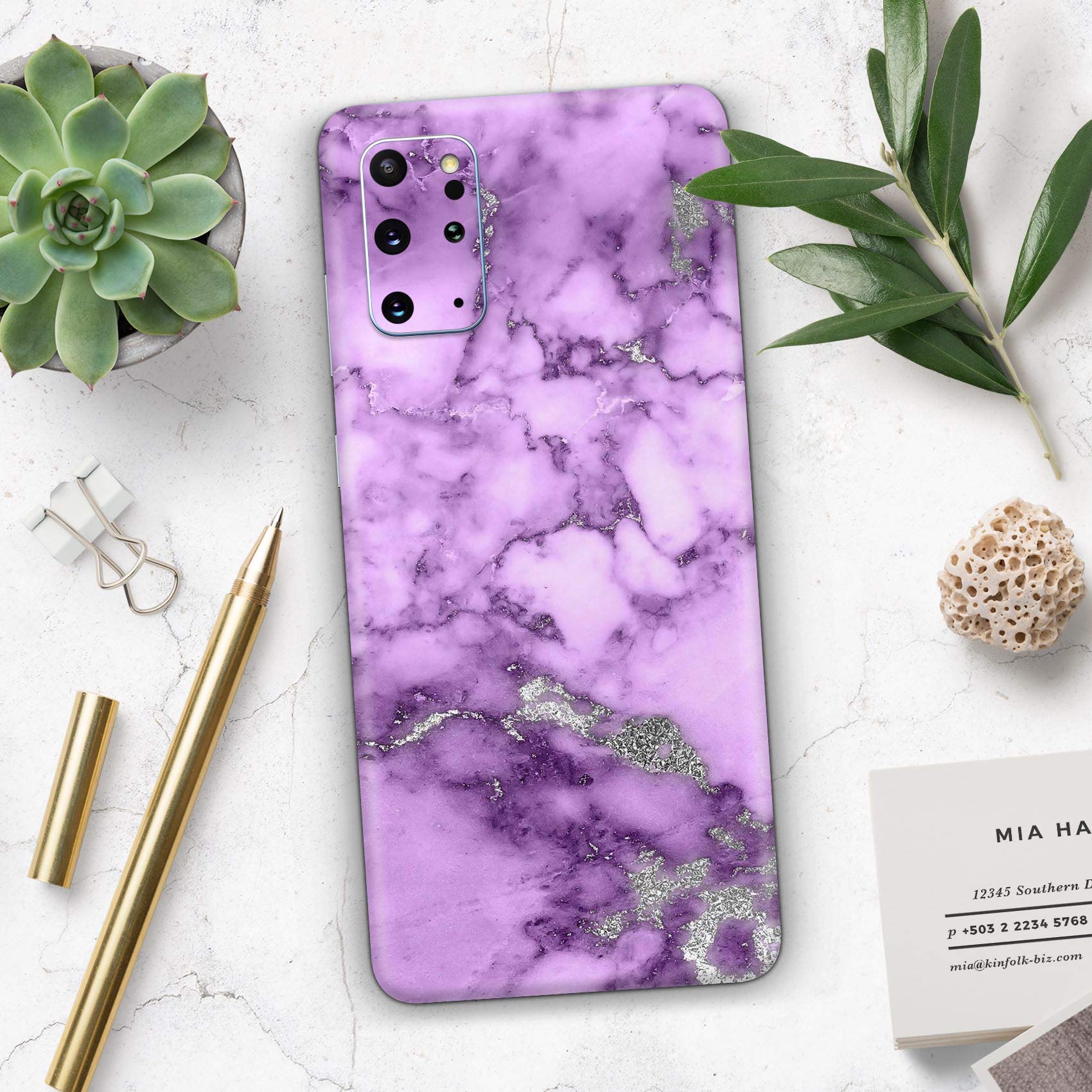 DesignSkinz Purple Marble & Digital Silver Foil V1 Protective Vinyl Decal Wrap Skin Cover Compatible with The Samsung Galaxy S20 (Screen Trim & Back Glass Skin)