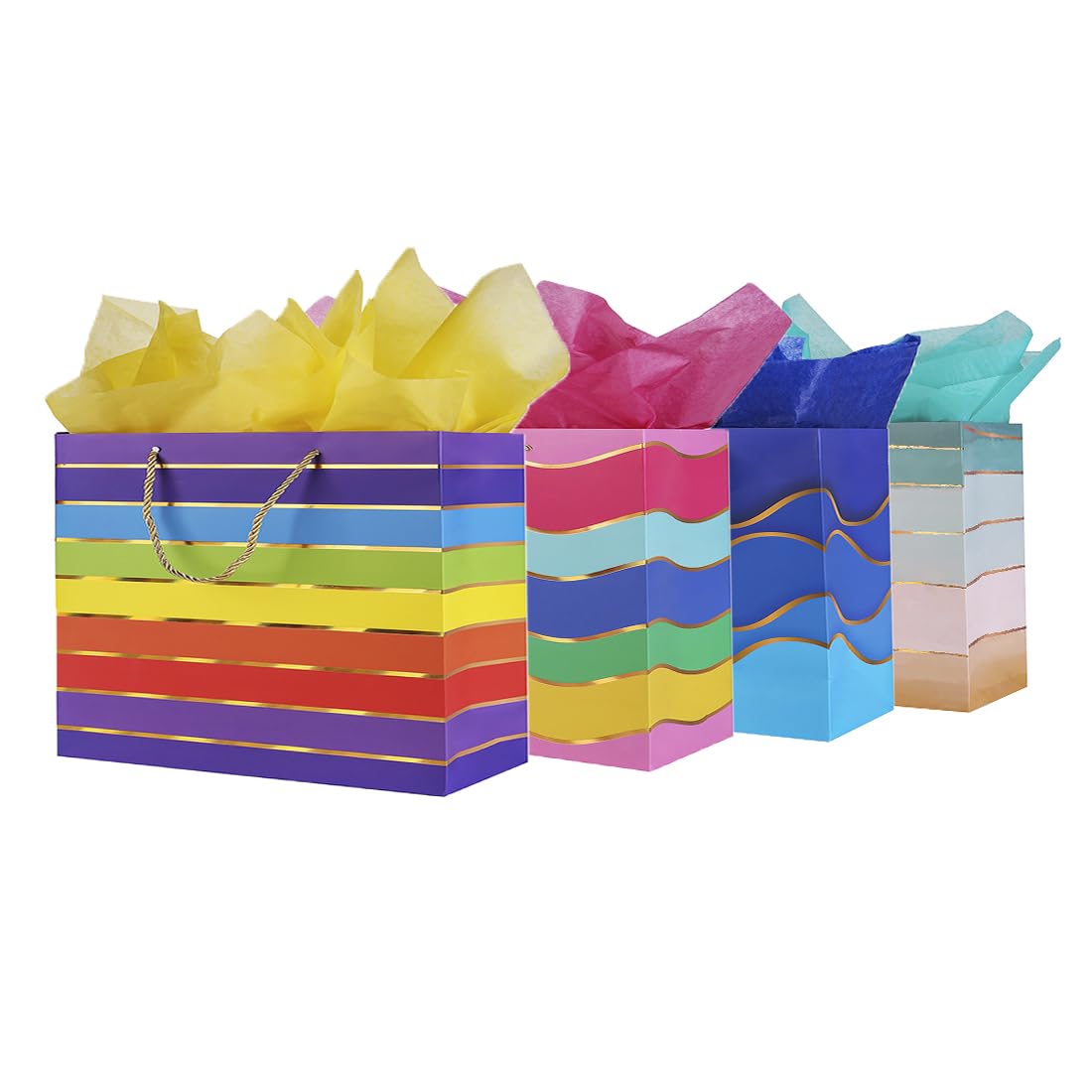 16" Extra Large Gift Bags with Tissue Papers, Extra Large Gift Bags with Handles, Large Gift Bags for Presents, Rainbow Big Gift Bags, Gold Gift Bags Large Size, Extra Large Birthday Gift Bags Bulk